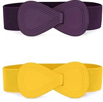 Allegra K Ceinture élastique pour femme Interlock 8 en forme de similicuir extensible Ceintures habillées Jaune violet 68.6cm/27