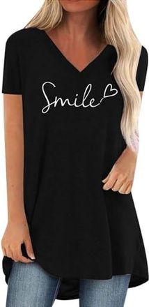 Generic T-shirt femme grande taille imprim&eacute; col en V manches courtes t-shirt long chemisier, Noir, XXL