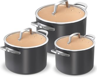 Ninja Extended Life 3-teiliges Keramik-Kochtopfset (16, 18 & 20cm Topf), antihaftbeschichtet (ohne PFAs, PFOAs, Blei, Cadmium), geeignet für Induktion, Ofen