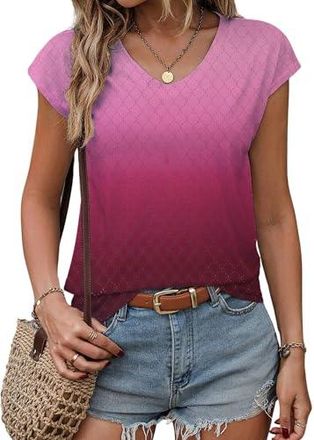 Zeagoo T-Shirt Femme Manches Courtes Broderie ajour&eacute;e Encolure en V Chemisier Casual L&eacute;ger D&eacute;bardeur Manches Ailes Haut Rose-JB1 L
