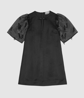 Ganni Robe Courte Fringed Organza Mini Dress Black