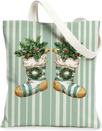 Generic Sacs fourre-tout en toile de vacances, motif de chaussette festive, sacs de courses r&eacute;utilisables, vintage l&eacute;gers et lavables en toile pour voyage, pl