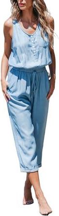 Cupshe Combinaison pour femme avec col rond sans manches boutonnée à la taille et jambes longues et larges avec poches, bleu clair, L