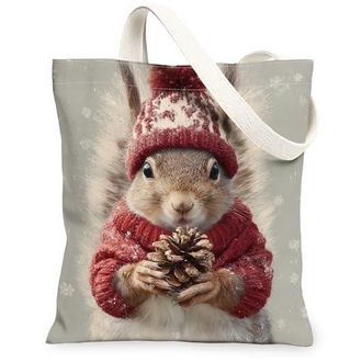 Generic Sacs fourre-tout en toile d&eacute;cureuil dhiver, motif animal adorable, sacs d&eacute;picerie r&eacute;utilisables, confortables, l&eacute;gers et lavables avec bandouli&egrave;re pou