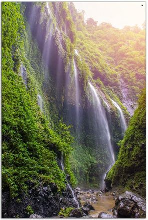 Wallario Outdoor-Poster f&uuml;r Garten oder Balkon Wasserfall im Morgenlicht, Motivbanner Gr&ouml;&szlig;e: ca. 60 x 90 cm, Outdoor-Bild
