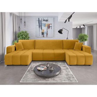 Fun M&ouml;bel Wohnlandschaft mit Schlaffunktion DAGNY Sofa U-Form in Stoff Kronos Senfgelb