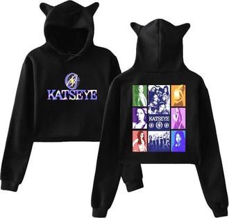 Generic Katseye Sweat &agrave; capuche photo 2025 Beau chaos Tour oreilles de chat Crop Top manches longues Streetwear V&ecirc;tements pour femme, Noir, XS