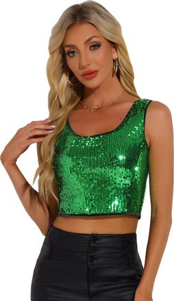 Allegra K Damen &Auml;rmellos Pailletten Top Party Oberteil Club Cami Bauchfrei Tank Top Bluse Schwarz Gr&uuml;n S