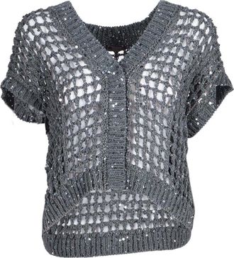 PESERICO Femme, Pulls, Vert, Taille: 42 FR Cardigan en maille ajour&eacute;e orn&eacute; de sequins