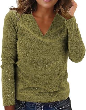 Generic Top femme paillet&eacute; grande taille haut &agrave; paillettes pour femmes au Royaume-Uni, t-shirt d&eacute;contract&eacute; col en V couleur unie pulls molletonn&eacute;s basiques &agrave; 