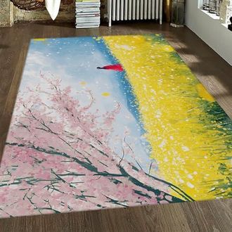 Generic Romantique Printemps Paysage Naturel Tapis Jet&eacute; Int&eacute;rieur Tapis Rose Cerisier Fleurs Jaune Colza Champs Ferme Bureau Tapis de Sol Lavable 100x150cm