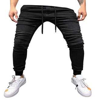 Generic Pantalon en jean d&eacute;contract&eacute; pour homme avec cordon de serrage &agrave; la taille et poches, couleur unie, tendance, toutes saisons, Noir, M