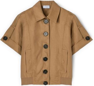 Motivi Femme, Vestes, Brun, Taille: 42 FR Veste Courte en Lin M&eacute;lang&eacute; &agrave; Manches Courtes