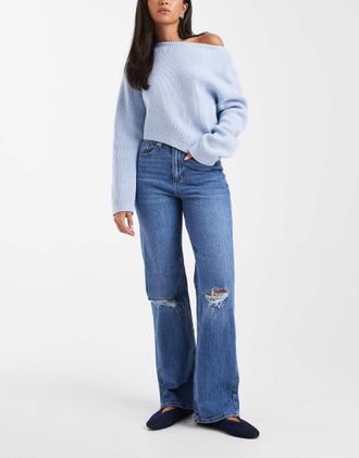 Vero Moda Tessa - Weit geschnittene Jeans mit hohem Bund, Waschung in Mittelblau mit Used-Optik an den Knien