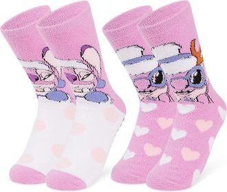 Disney Damen Socken, 2er Set Kuschelsocken Damen Flauschig mit ABS Mickey Minnie Baby Yoda Stitch (Rosa Angel)