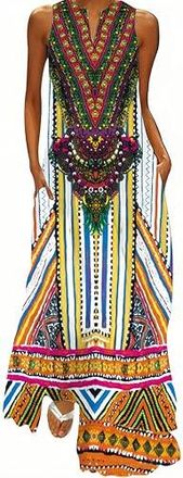 Ocean Plus Femmes Jupe Longue sans Manches Col V Robe Florale Imprimée Maxi Robe sans Manches avec Col en V (XXL, Gestreiftes Stammesmuster)