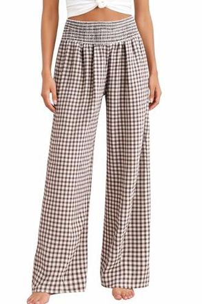Lazutom Pantalon palazzo l&eacute;ger vichy &agrave; jambe large pour femme - Taille haute smock&eacute;e - &Agrave; enfiler avec poches, marron, Small