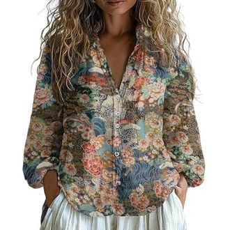 Generico Chemise Femme d&Eacute;t&eacute; D&eacute;contract&eacute;e Manches Longues Chemisier en Lin Coton Curvy Grande Taille Chemises Col en V Classique Blouse Vintage Fantaisie avec B