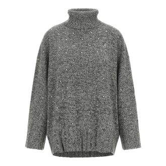 Pinko Pinko, Femme, Pulls, Gris, Taille: 36 FR Pull &agrave; col roul&eacute; orn&eacute; de cristaux