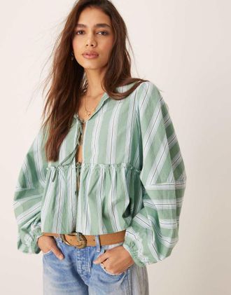 Free People Blouse nouée devant à rayures - Vert