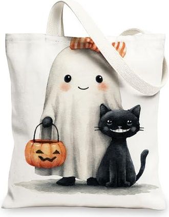 Generic Sacs fourre-tout en toile motif fantôme et chat, sacs dépicerie réutilisables, légers et lavables avec bandoulière, blanc, 13x15 Inch