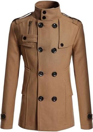 Generic Manteau thermique &agrave; double boutonnage pour homme avec revers crant&eacute; et poches multiples, kaki, 3XL