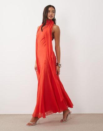 Asos Maxikleid mit Neckholder und Schal in Rot