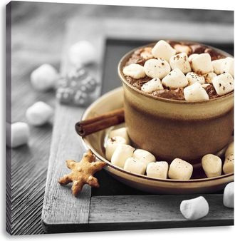 Pixxprint Kakaogetränk mit Marshmallows B&W Detail, Größe: 70x70, Leinwandbild Quadratisch, Wandbild, Kunstdruck, fertig bespannt
