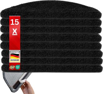 Floordirekt Shaggy-Stufenmatten Barcelona - 15er Set - Treppenmatten in 16 Farben, Strapazierfähig & pflegeleicht, Stufenteppich für Innen (Schwarz, Halbrund 65 x