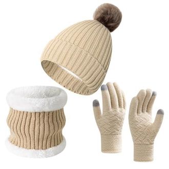 Generic Ensemble de bonnet, gants et &eacute;charpe dhiver pour femme, chaud et doux avec doublure en polaire &eacute;paisse, bonnet t&ecirc;te de mort, ensemble tricot&eacute; dhiver, 