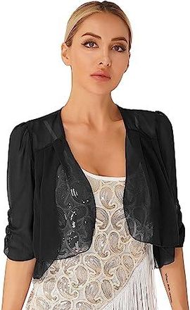 TiaoBug Femme Boléro Mousseline de Soie à 3/4 Manches Cardigan Ouvert Top Veste Cape Châle Soirée Cocktail Cérémonie Mariage S-XXL Noir A S