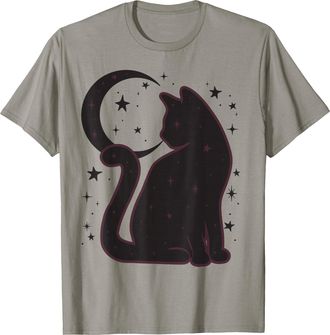 Trendy Apparel Minimalistic Black Cat Crescent Moon and Star T-Shirt