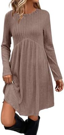 Generic Robe &agrave; manches longues pour femme, col rond, robe &agrave; la taille avec robe en maille, kaki, XXL