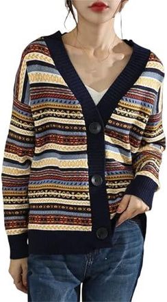 Generic Cardigan ouvert &agrave; manches longues en tricot pour femme - Col en V - Confortable - Ray&eacute;, bleu marine, Taille XS