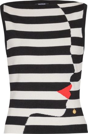 Balmain Femme, Pulls, Noir, Taille: 36 FR Top marini&egrave;re en maille avec motif Visage