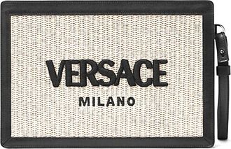 Versace Homme, Sacs, Beige, Taille: ONE Size Pouch Rafia Ricamo Vacchetta