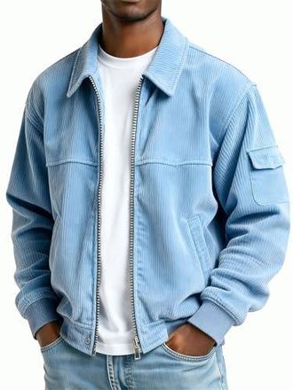 Generic Veste d&eacute;contract&eacute;e en velours c&ocirc;tel&eacute; pour homme - Veste l&eacute;g&egrave;re &agrave; manches longues et col zipp&eacute; avec poches, bleu, 4XL