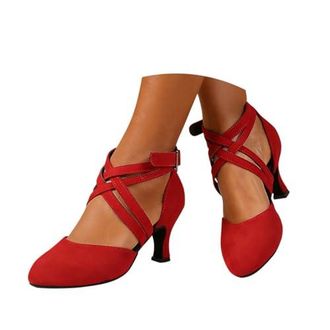 Minetom Chaussures De Danse Latine pour Femmes Sandale en Su&egrave;de Bout Ferm&eacute; Tango Valse Sociale Salsa A Rouge 39 EU