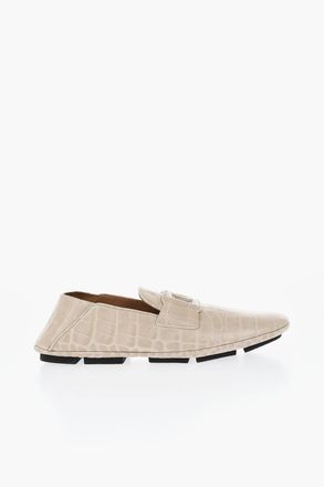 Dolce & Gabbana Leather Embossed Crocodile-Effect Loafers With Front Monogram Dolce & Gabbana