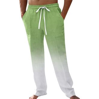 Generic Pantalon baggy en coton et lin pour homme - D&eacute;contract&eacute; et tendance - Couleur unie - D&eacute;grad&eacute; - Pantalon de plage en lin respirant, vert menthe, XXL