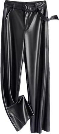 Generic Pantalon droit en peau de mouton pour femme - Ceinture taille haute - Pantalon d&eacute;contract&eacute; en cuir v&eacute;ritable, Noir, M