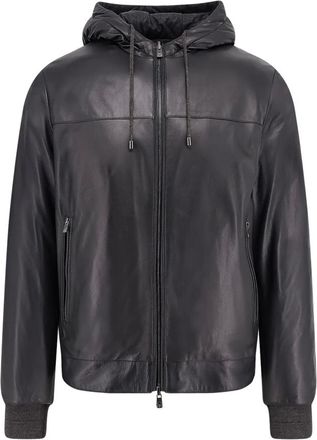 Corneliani Homme, Vestes, Noir, Taille: XL Blouson en cuir &agrave; capuche doubl&eacute;e