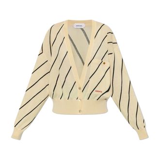 Versace Cardigan en maille de laine &agrave; intarsia ray&eacute;e - Femme - Pulls - Jaune - Taille: 40 FR