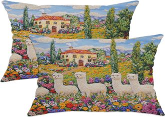 Generic Alpaka-Kissenbezüge mit Blumenmuster, 2er-Set, bunte Blumengarten, dekorative Kissenbezüge, Frühlings-Heimdekoration, Sofa-Dekoration für Wohnzimmer u