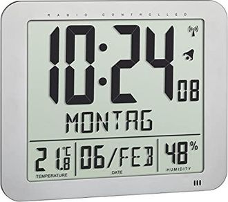 TFA Dostmann Funkuhr digital, 60.4516.54, mit Raumklima, ausgeschriebener Wochentag (10 Sprachen), 2 Weckfunktionen, als Tischuhr oder zum Aufhängen, Silber, (L) 2