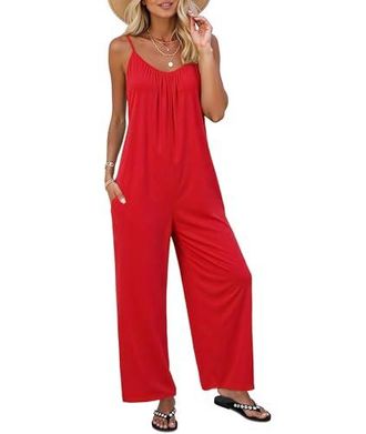 Generic Combinaison d&eacute;contract&eacute;e ample sans manches avec bretelles spaghetti style boh&egrave;me &agrave; jambes larges avec poches, v&ecirc;tements de vacances &agrave; la plage pour f
