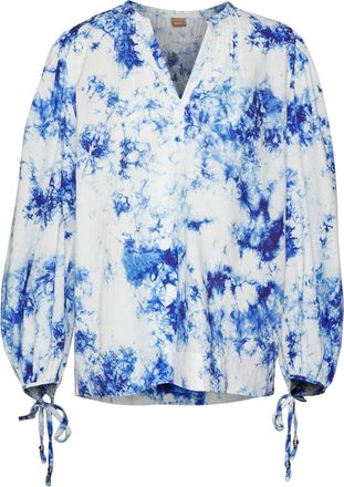 HUGO BOSS Bluse f&uuml;r Damen, V-Ausschnitt, Ballon&auml;rmel (Wei&szlig;/Blau)