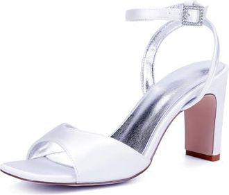 Generic Chaussures De Mariage Femmes Talon Heel Bloc Chunky Ouvert Bout Mariée Sandales À Talons Hauts 8Cm pour Dress,Mariages Et Fêtes,Blanc,41 EU