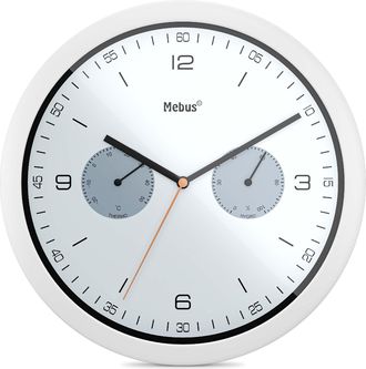Mebus Quarz-Wanduhr mit Thermometer und Hygrometer / Kunststoff / Rund / Modell: 16101 / Farbe: Wei&szlig;, 26 cm Durchmesser