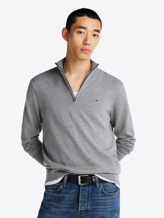 Tommy Hilfiger Troyer TOMMY HILFIGER ESSENTIAL COTTON ZIP MOCK, Herren, Gr. XXL, grau (medium grau heather), Strick, Obermaterial: 100% Baumwolle, regular fit, Pullo